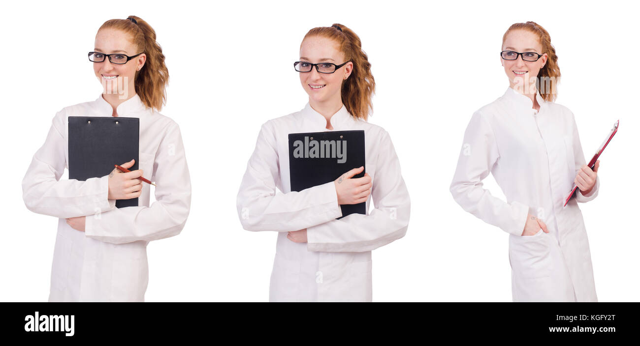 Young medical student writing on the binder isolated on white Stock ...