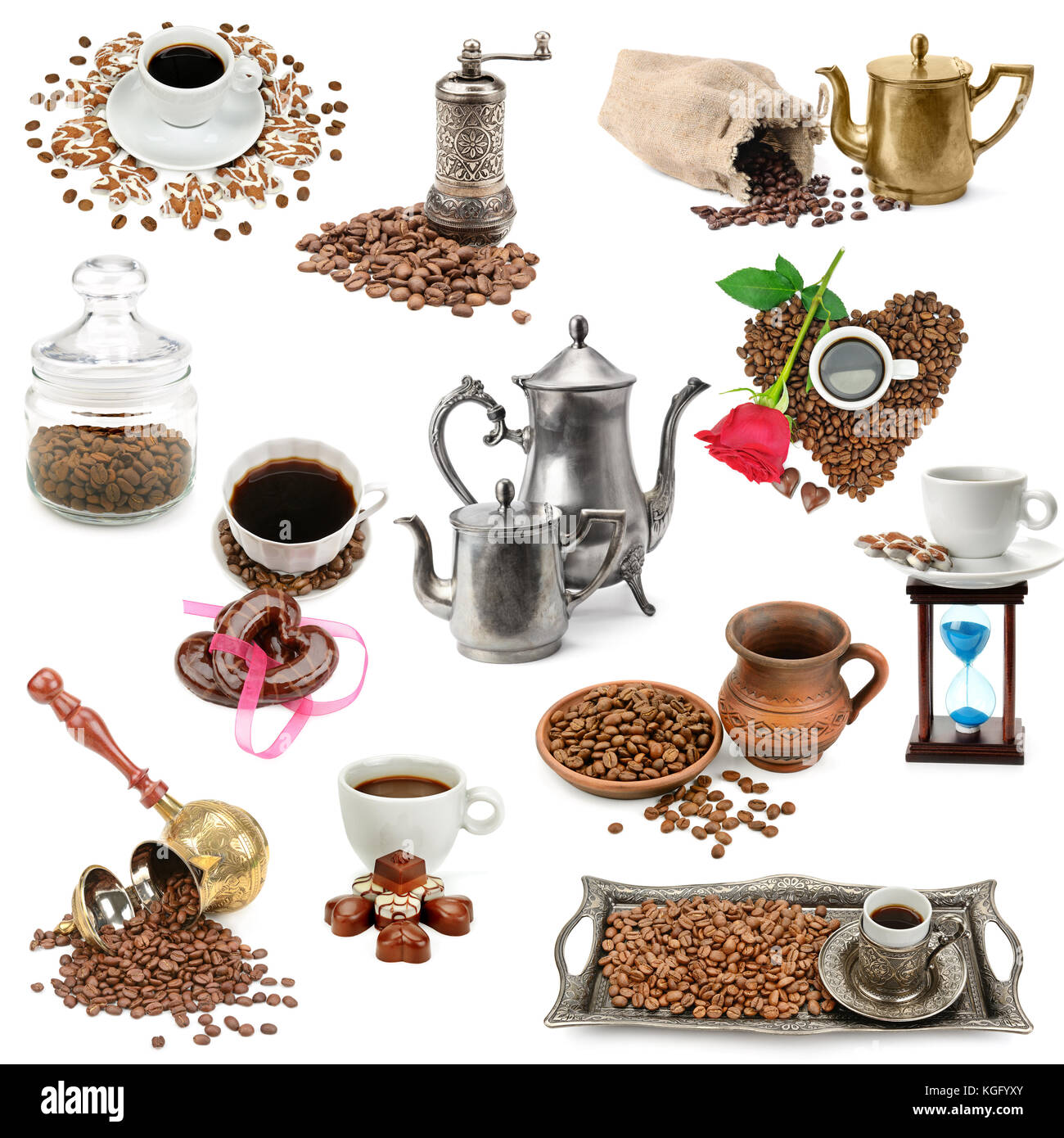 collage of coffee beans and kitchen utensils, objects isolated on white ...