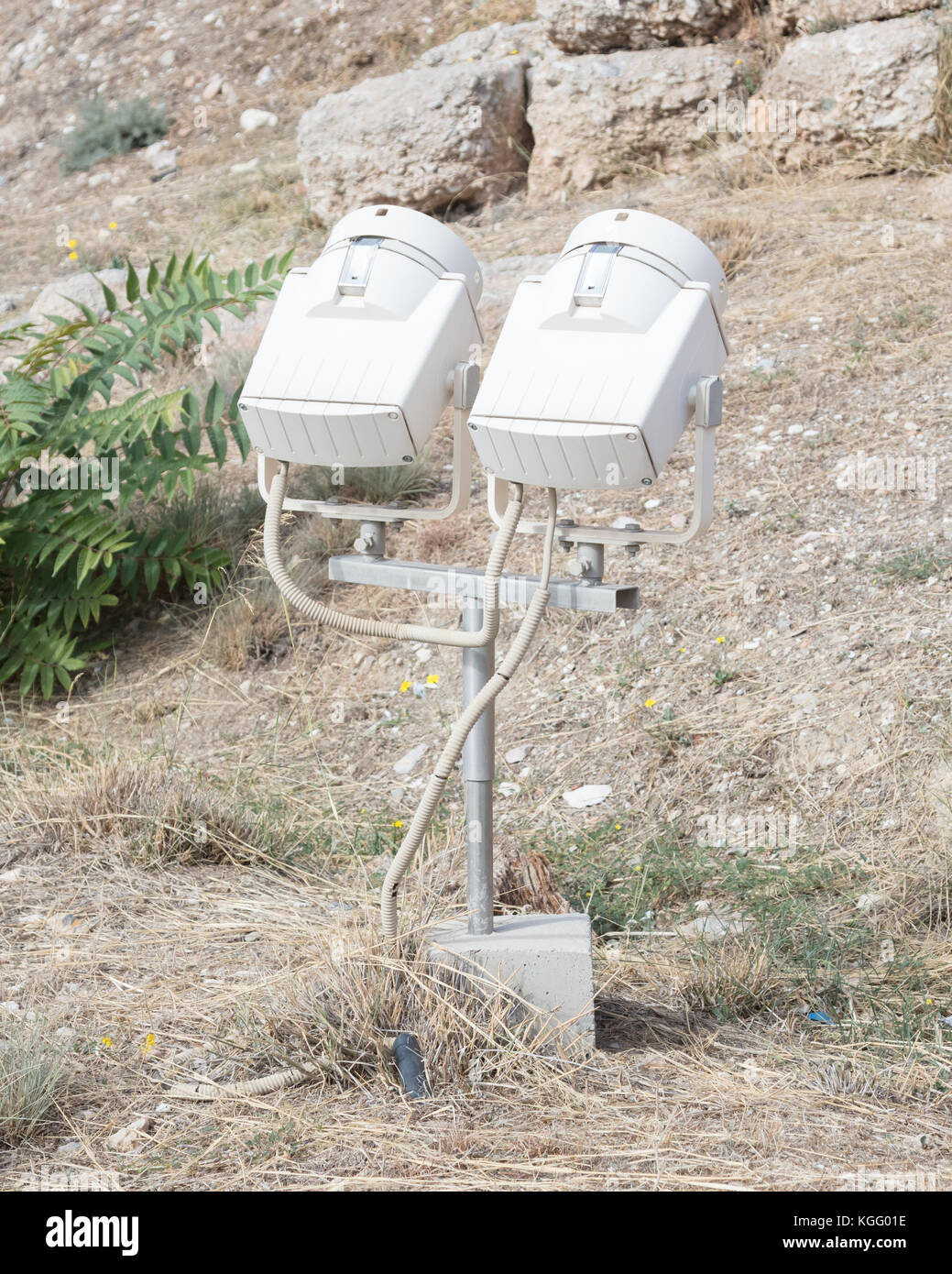 Large white spotlights used for the Acropolis in Greece Stock Photo - Alamy