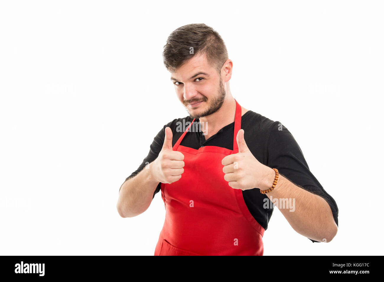 Friendly male supermarket employer showing double like gesture isolated ...