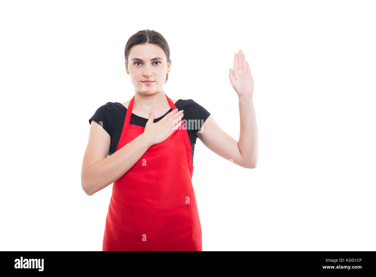 Trustworthy professional employee taking a vow as respect and loyalty ...