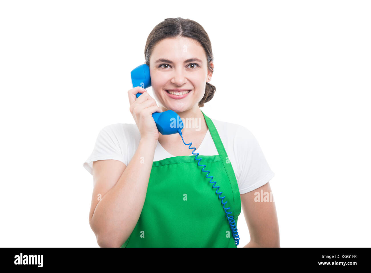 Beautiful happy seller doing customer services on the phone Stock Photo ...