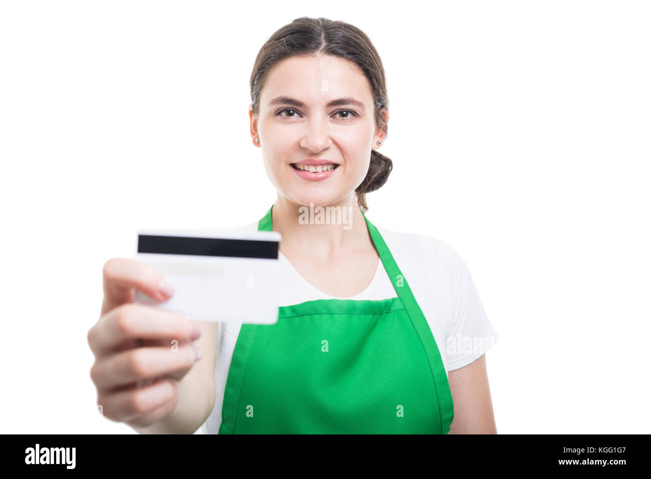 Portrait of beautiful merchandiser giving debit card for store shopping ...