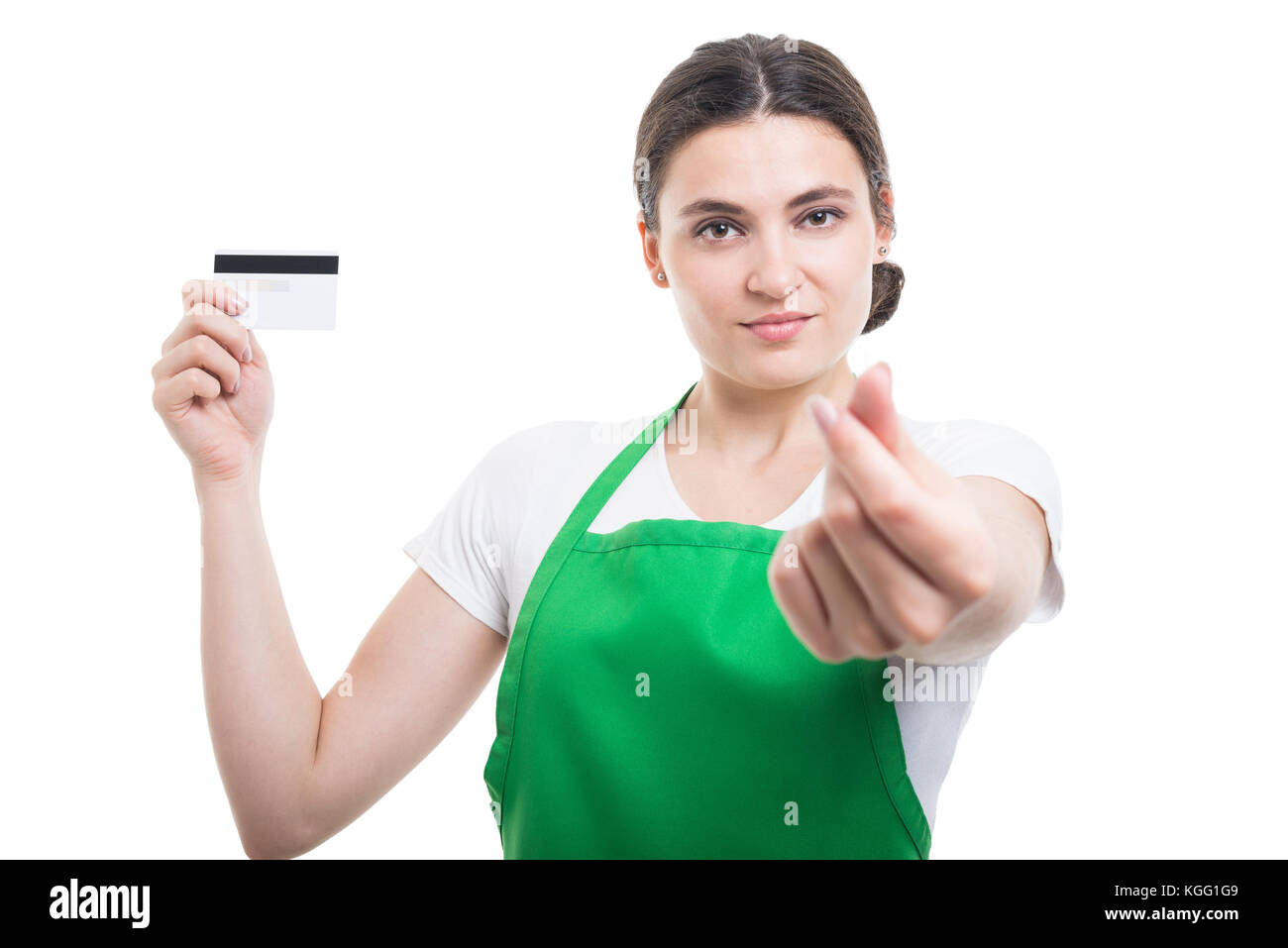 Sales assistant girl with debit card doing money gesture on white ...