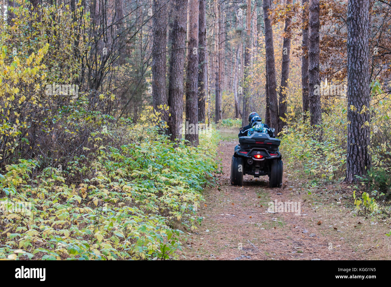 ATV quad with driver and passenger on magic picturesque path in the ...