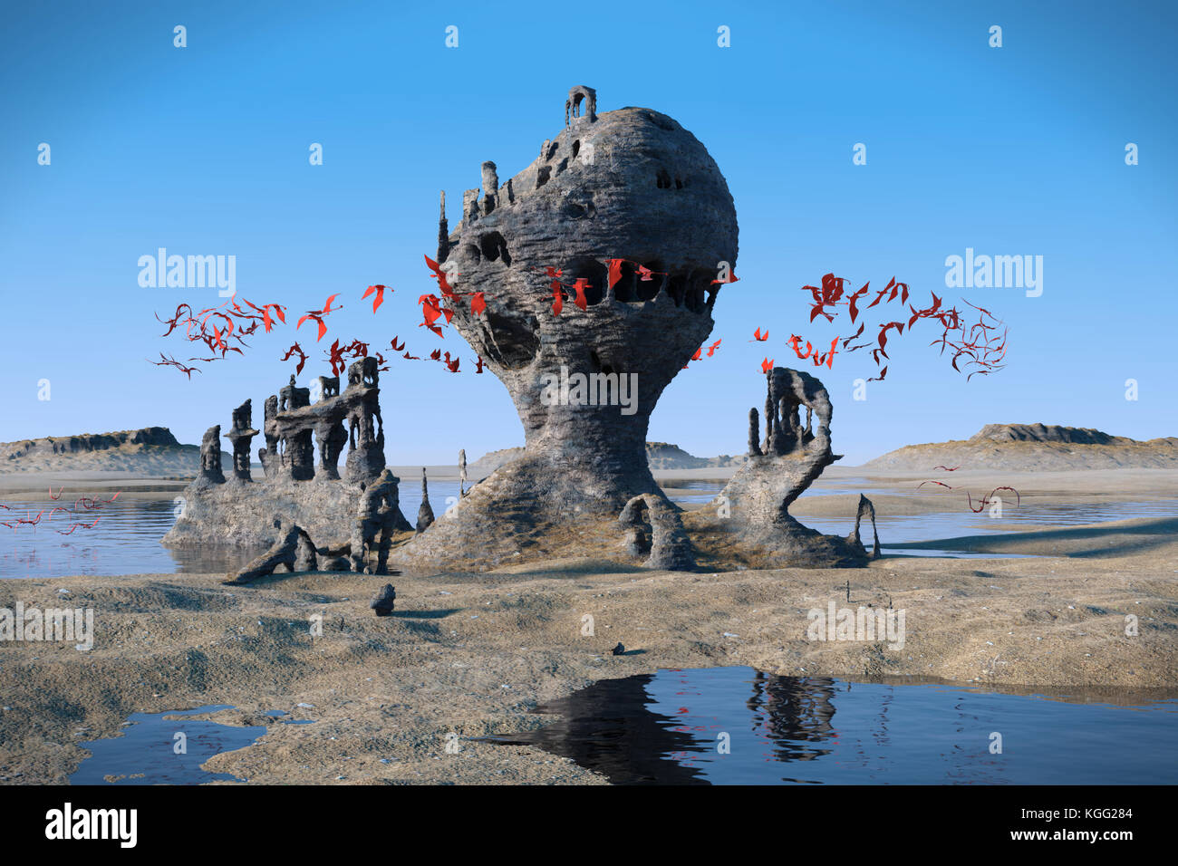 flying red creatures swarming around mysterious rock formations in a ...