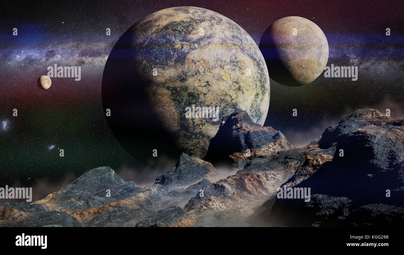 alien landscape with planet, moons and the Milky Way galaxy (3d ...