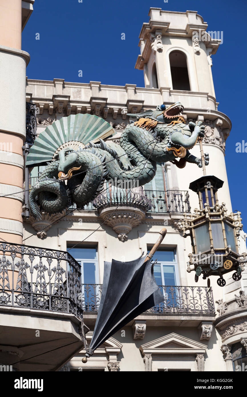 Spain, Barcelona, Dragon sculpture on Casa Bruno Quadros Stock Photo ...