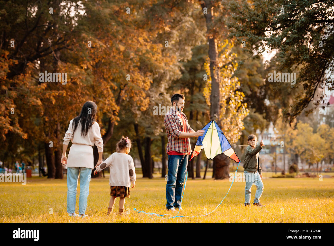 Family flying kite in park Stock Photo - Alamy