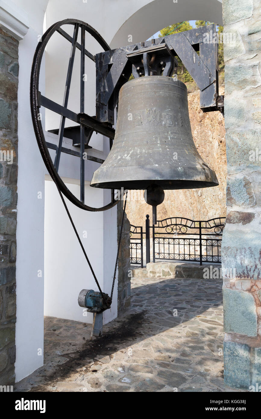 Cyprus, Troodos mountains, detail of bell tower at the Tomb of Makrios ...