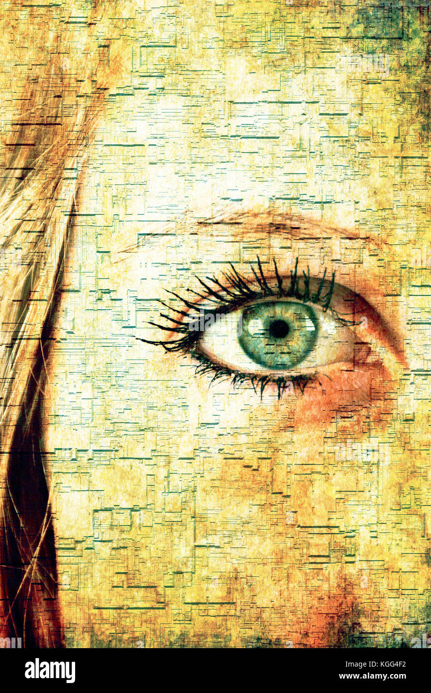 partial face and green eye of a blond woman with futuristic effect ...