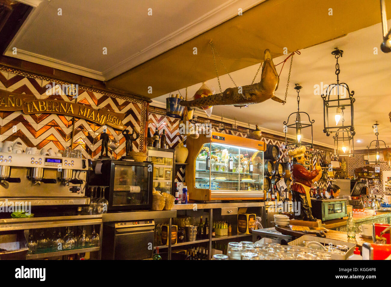 Interior of Taberna Miami tapas bar with stuffed crocodile, Calle San ...