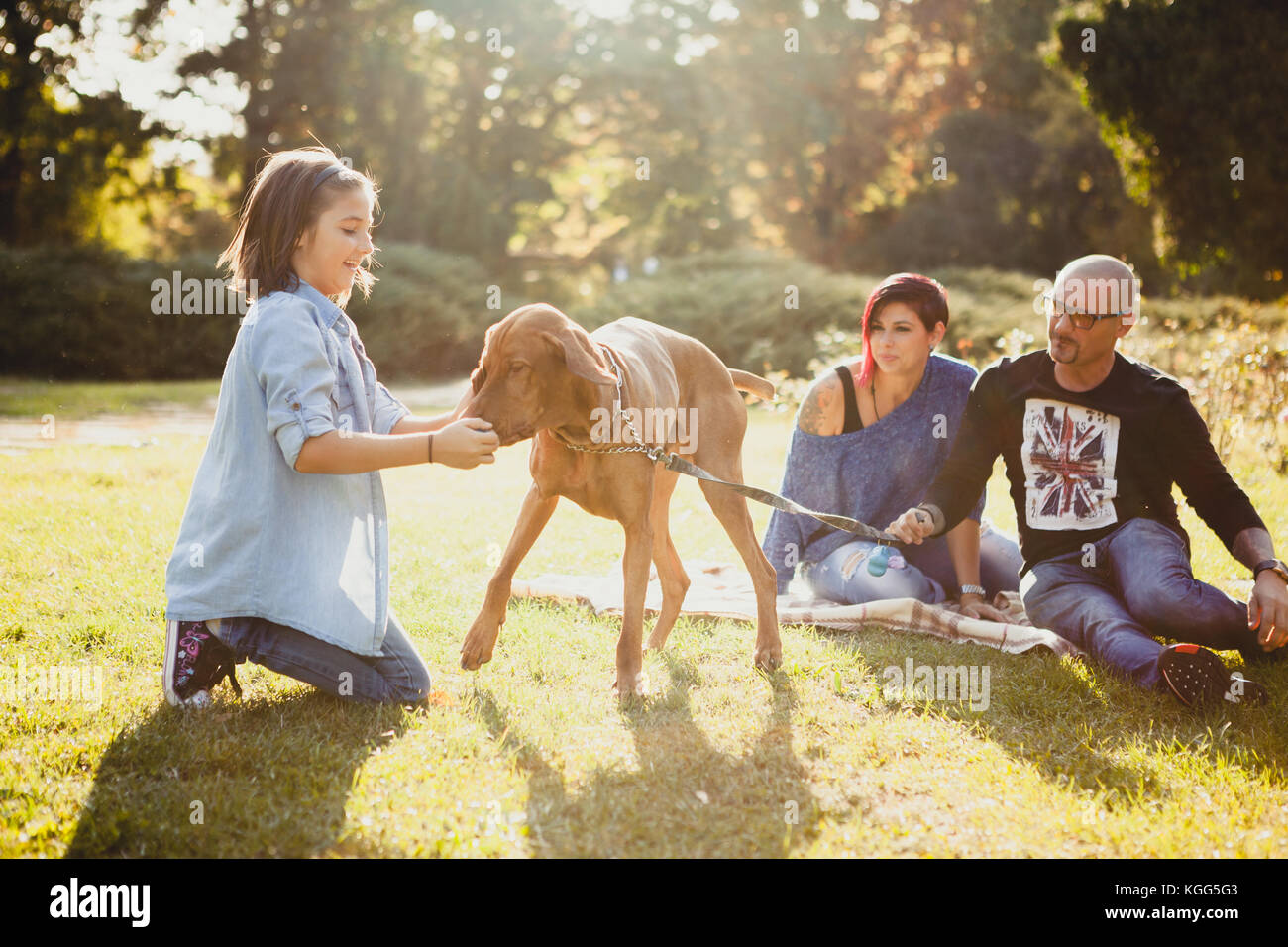 Family of three playing in the park with their dog Stock Photo - Alamy