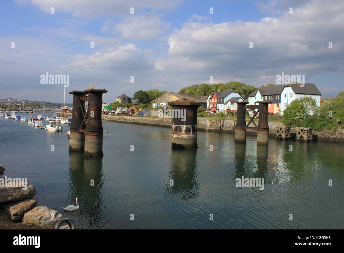 Swing bridge ruins over Hooe Lake. Completed in 1887 and closed in 1963 ...