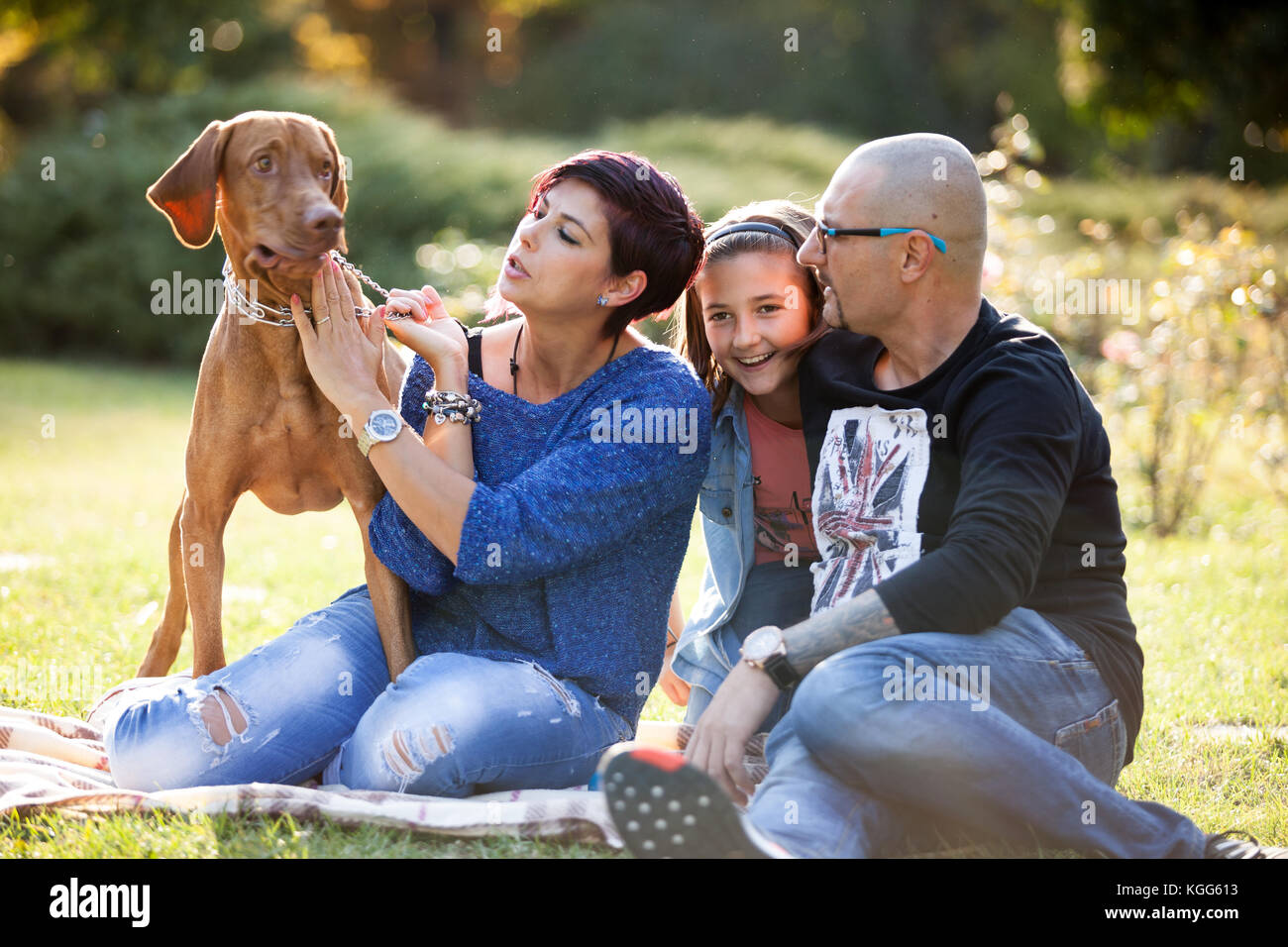 Amazing family of three playing in the park with their dog Stock Photo ...