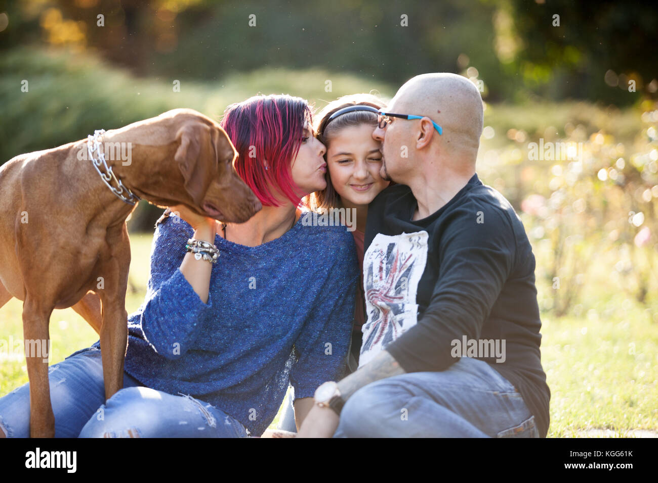 Amazing family of three playing in the park with their dog Stock Photo ...