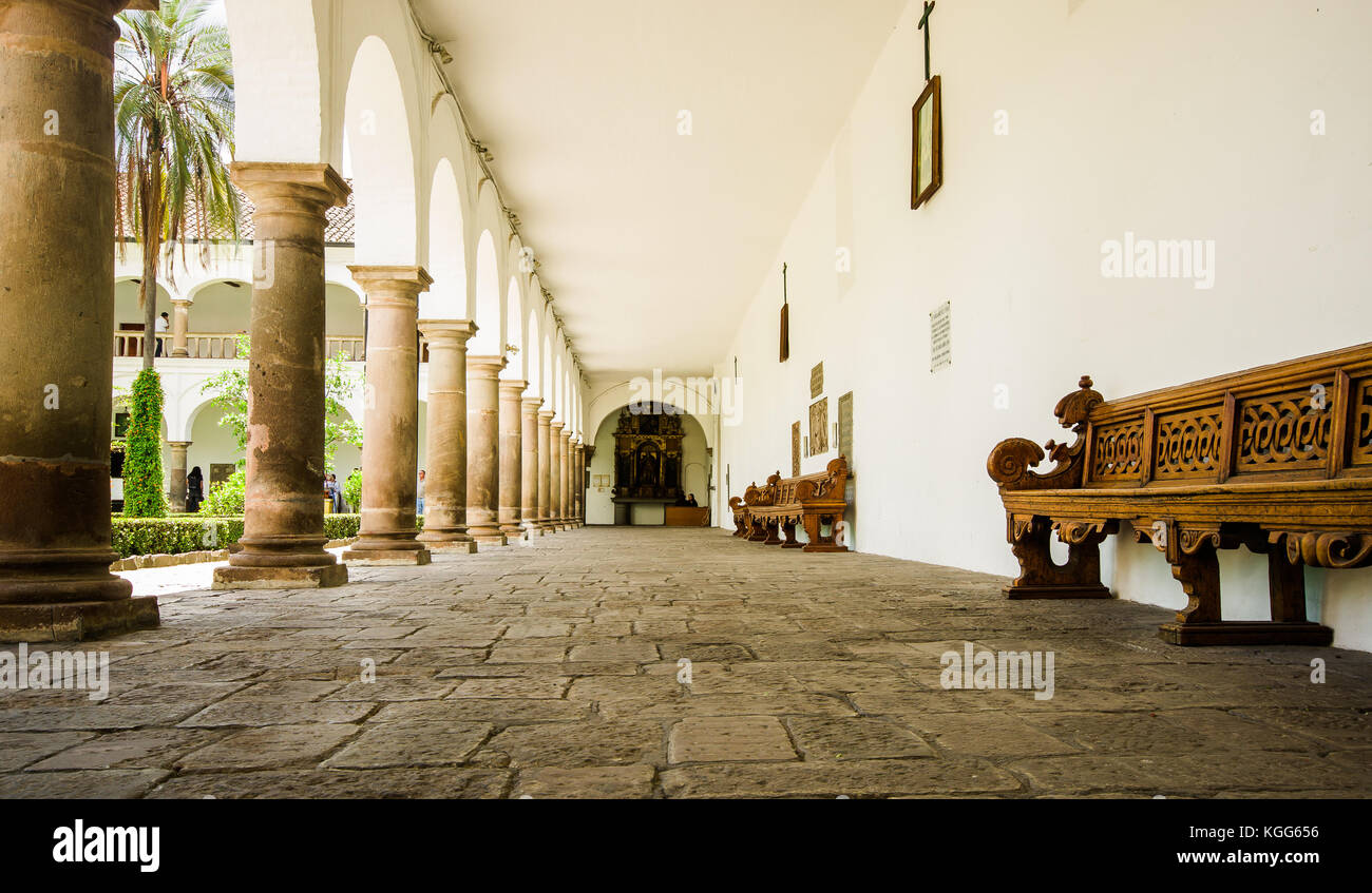 QUITO, ECUADOR - MAY 06 2016: Beautiful stoned path hall inside of the ...