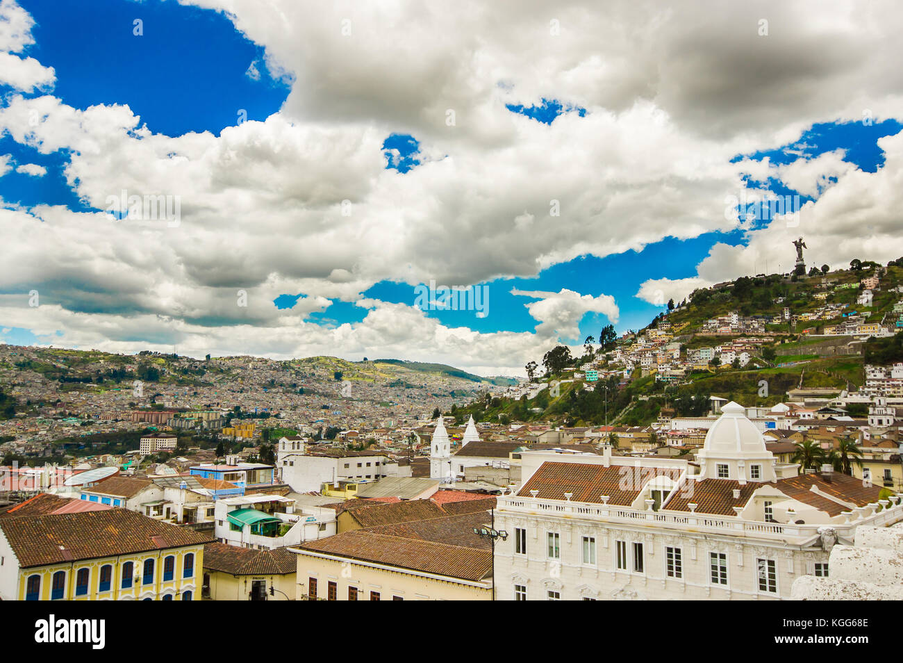 QUITO, ECUADOR - MAY 06 2016: Top view of the colonial town with some ...