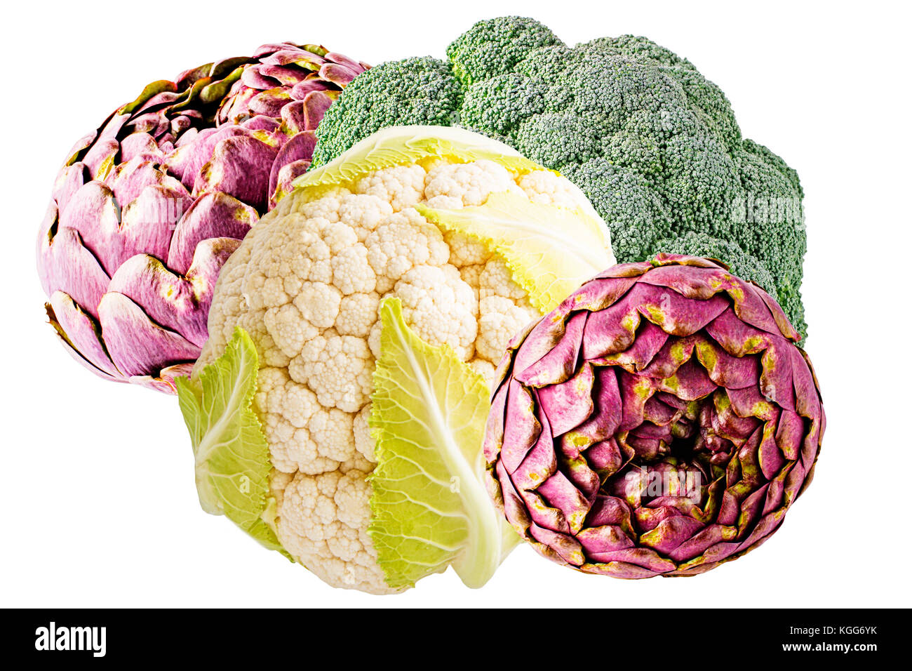 Isolated vegetables. Isolated artichokes, cauliflower and broccoli on ...