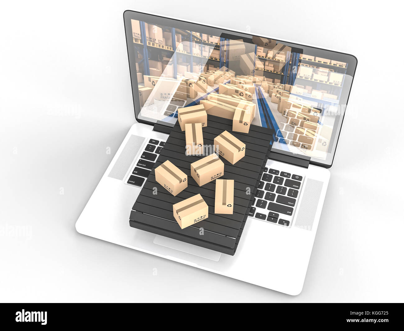 boxex on conveyor and modern laptop 3d rendering image Stock Photo - Alamy