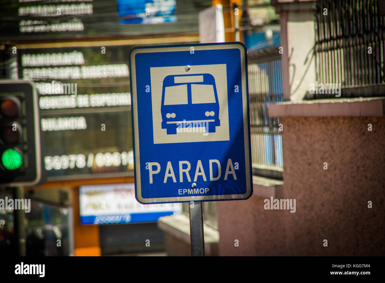 QUITO, ECUADOR - OCTOBER 23, 2017: Informative sign of bus stop at ...