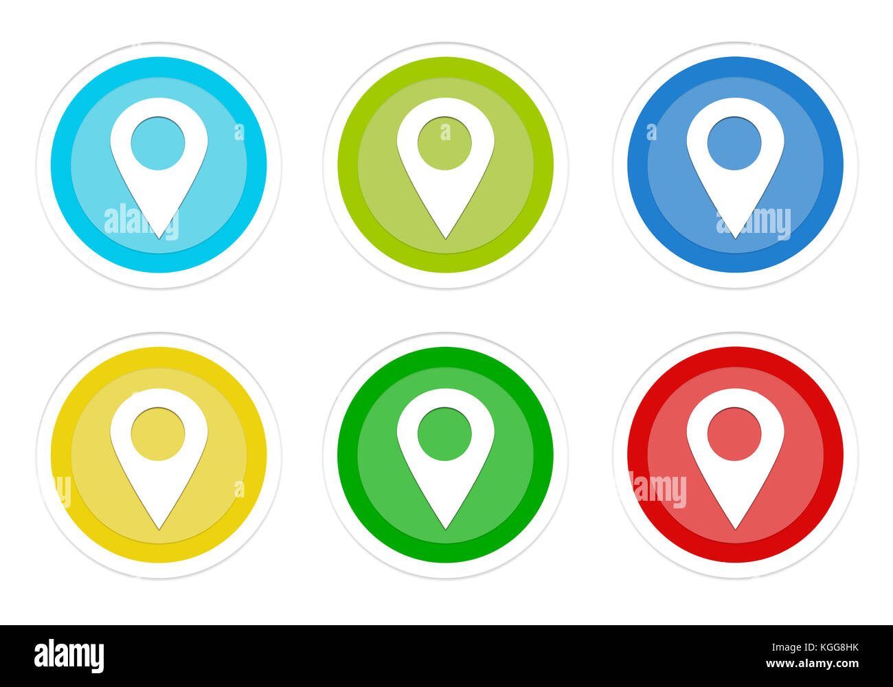 Set of rounded colorful buttons with markers on maps in blue, green ...