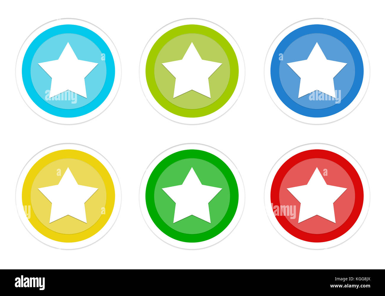 Set of rounded colorful buttons with star symbol in blue, green, yellow ...