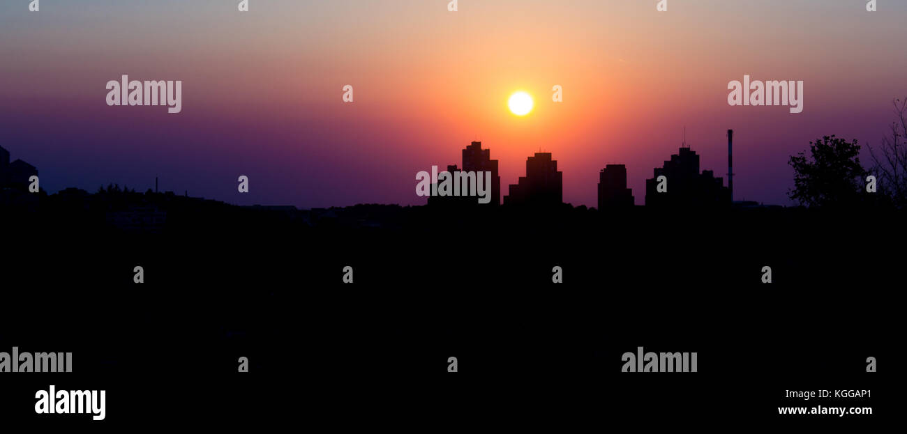 City silhouette and sunset, Belgrade, Serbia view from Strazevica hill ...