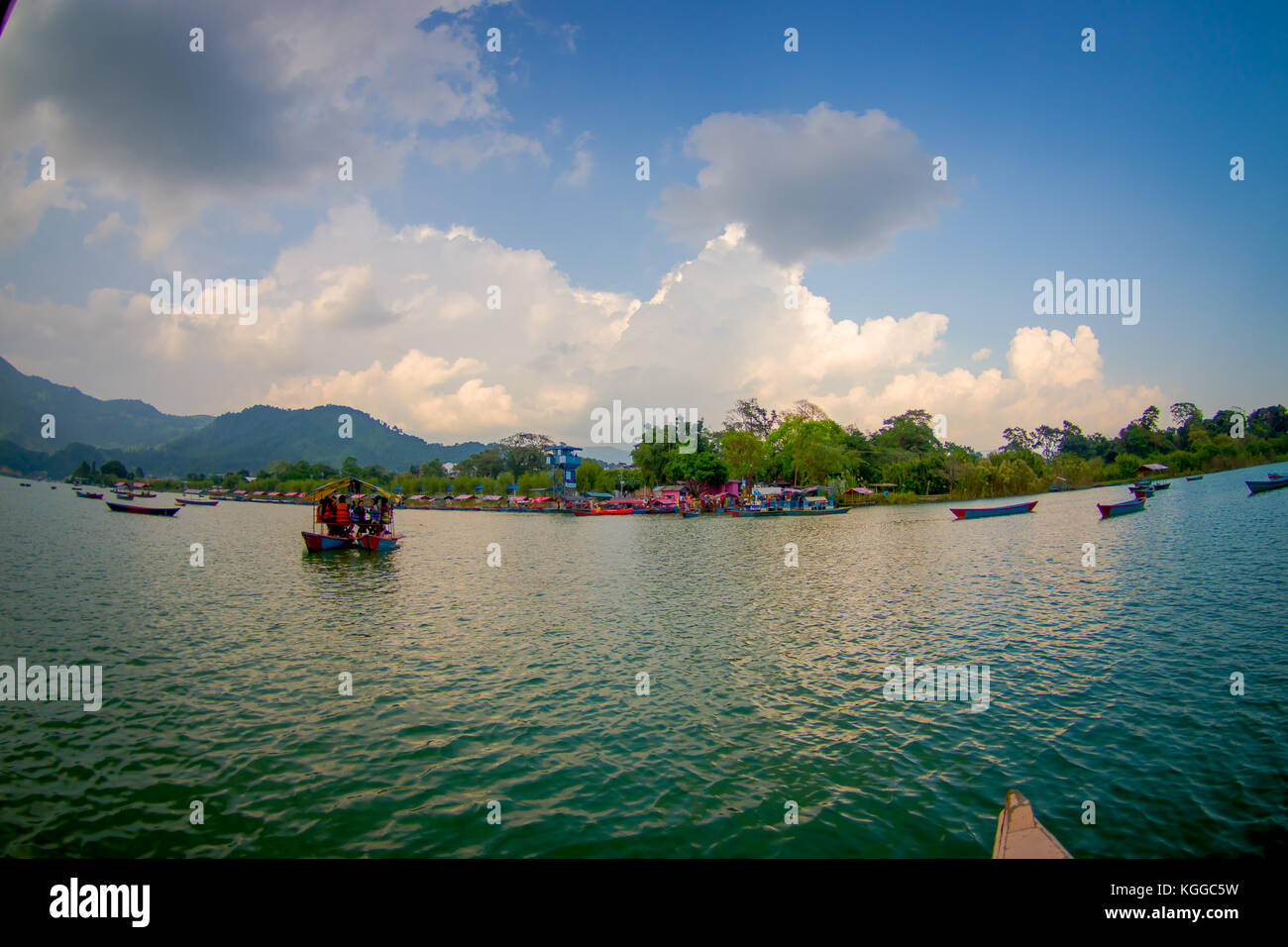 Beautiful landscape of the Phewa tal-lake with buildings in the ...
