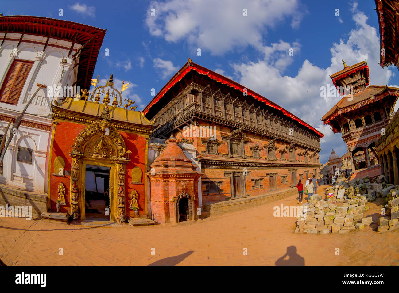 BHAKTAPUR, NEPAL - NOVEMBER 04, 2017: Beautiful golden door of a temple ...