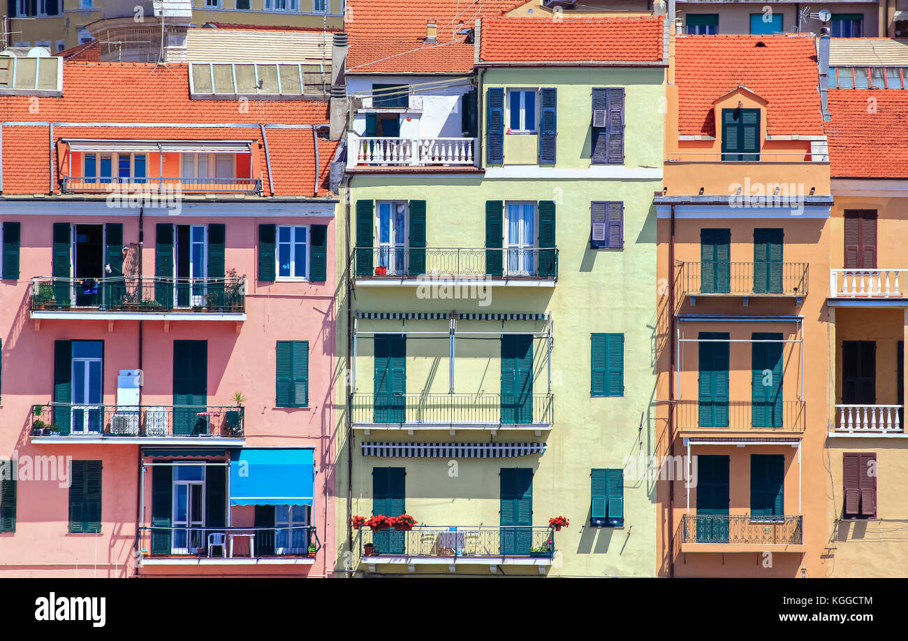 Ancient multicolor building of the city of Imperia, in Liguria (Italy ...