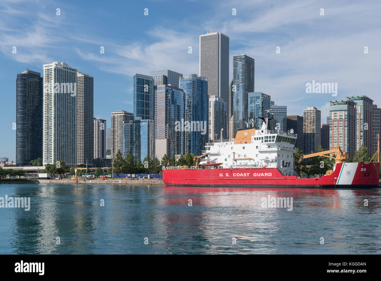 CHICAGO - SEPTEMBER 18: Chicago skyline with Coast Guard ship docked ...