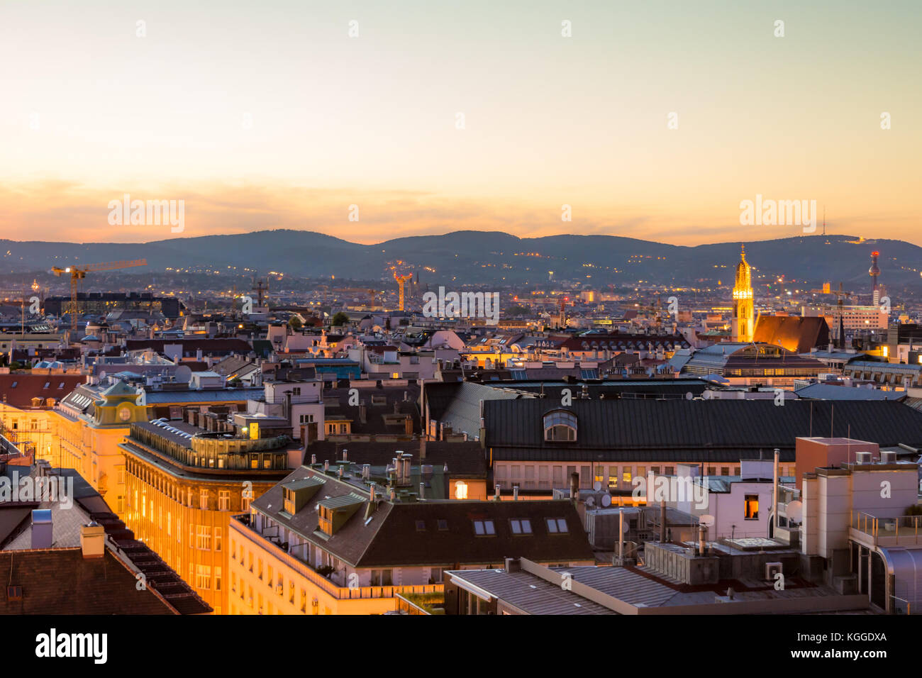 Aerial view over the cityscape of Vienna (Austria) at night Stock Photo ...