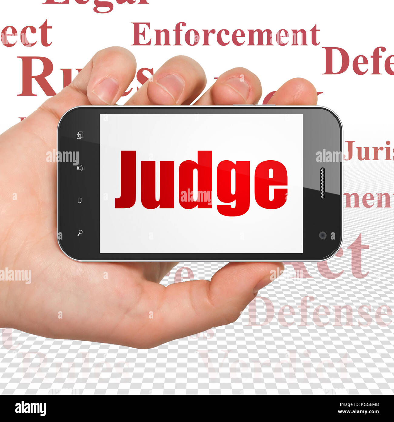 Law concept: Hand Holding Smartphone with Judge on display Stock Photo ...