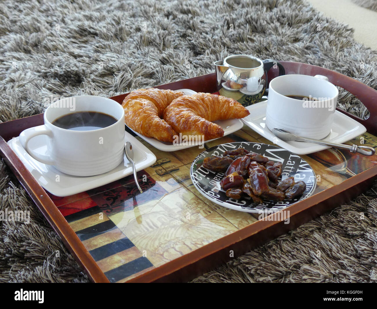 Two white cups of coffee concept French breakfast croissant Stock Photo ...