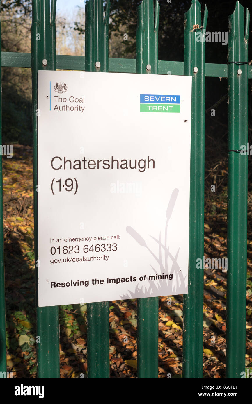 The Coal Authority sign at the capped Chatershaugh coal mine ...
