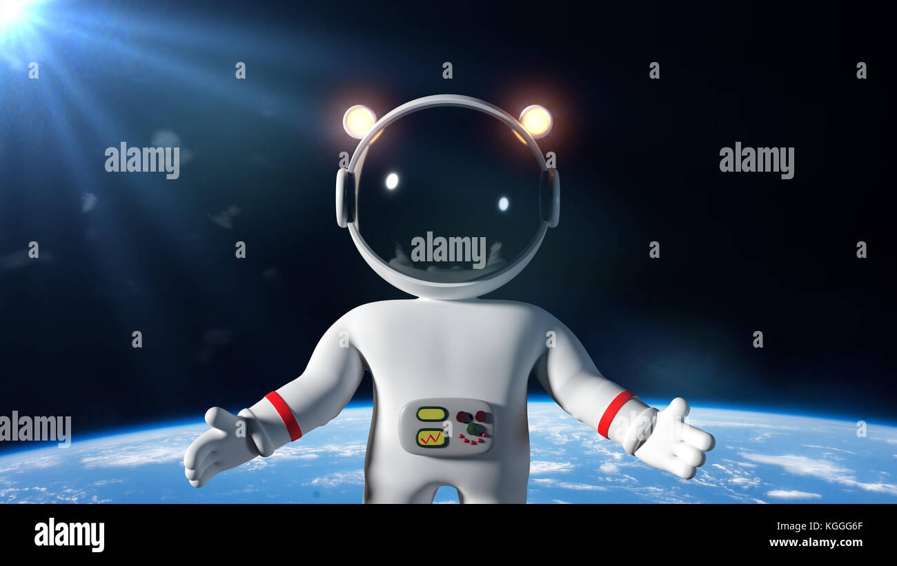 cute cartoon astronaut in orbit of the planet Earth lit by the Sun (3d ...