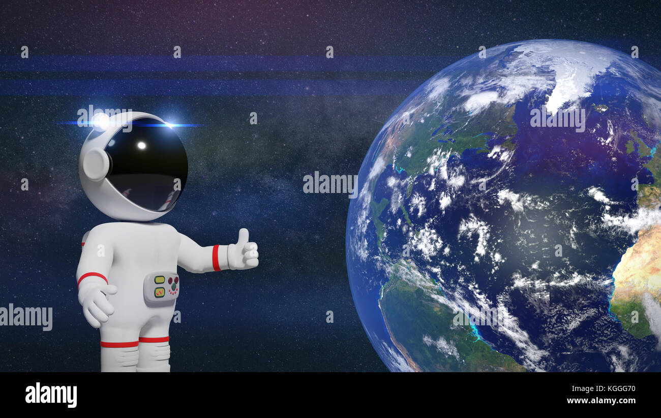 cartoon astronaut character with thumbs up presenting planet Earth (3d ...