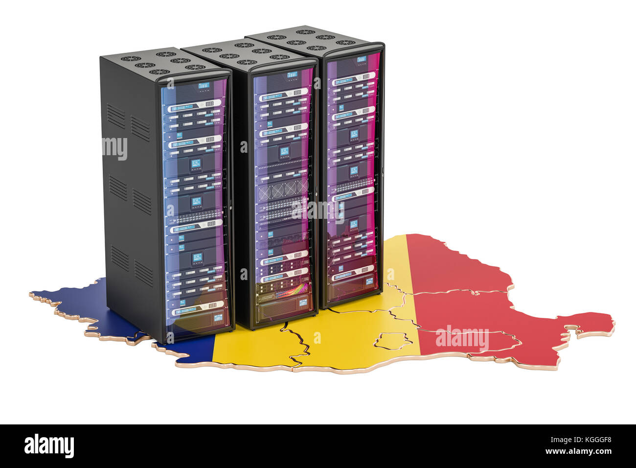 Data Center server racks in Romania concept, 3D rendering isolated on ...