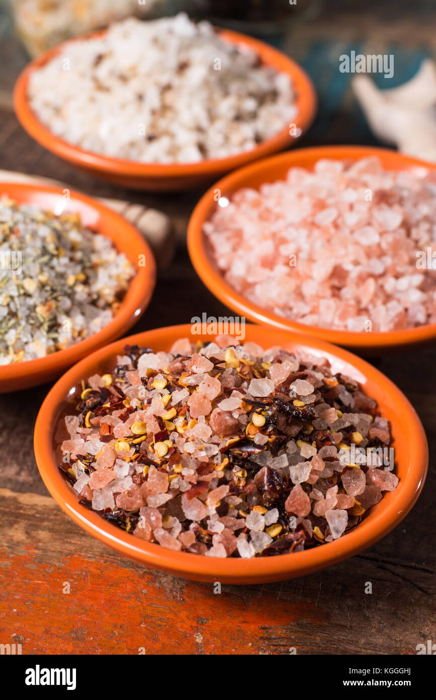 Variety of sea salt, pink Himalayan salt, colorful salt with dried ...