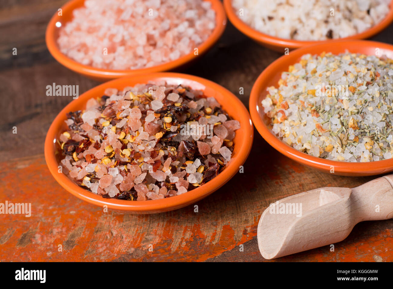 Variety of sea salt, pink Himalayan salt, colorful salt with dried ...