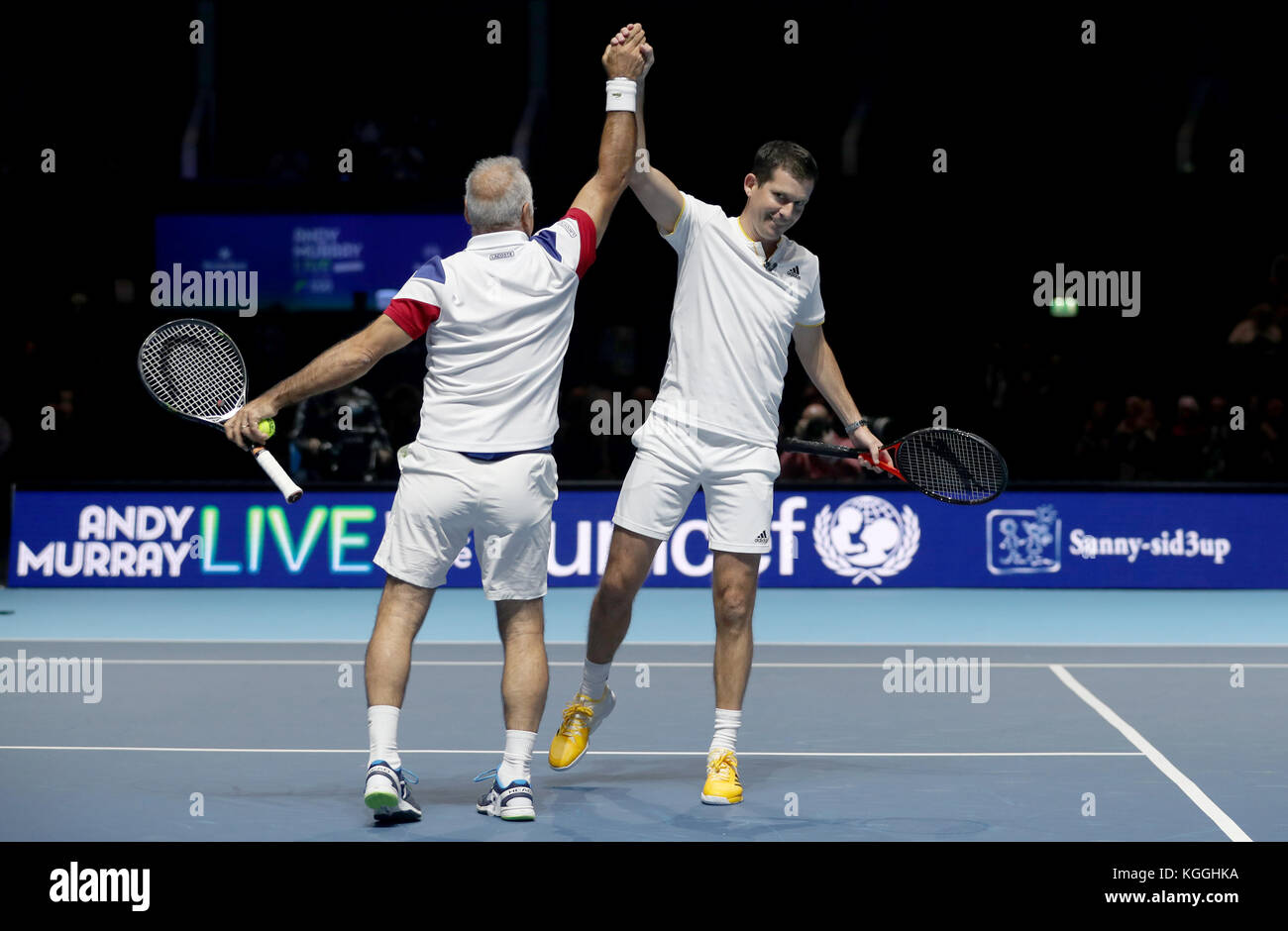 Mansour Bahrami (left) and Tim Henman during the Andy Murray Live Event ...