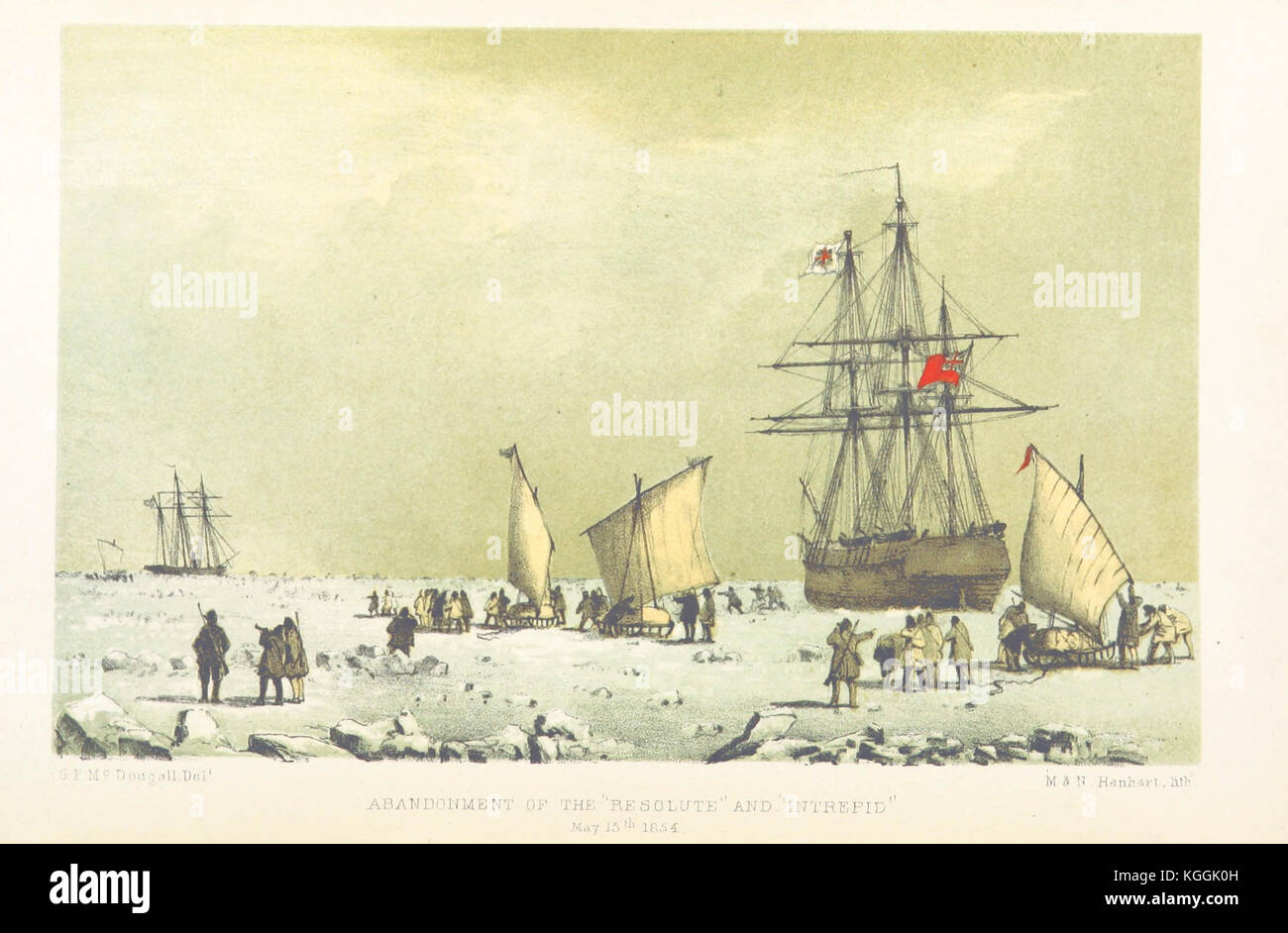 historic drawing vintage image of old sailing ships, H.M. Discovery ...