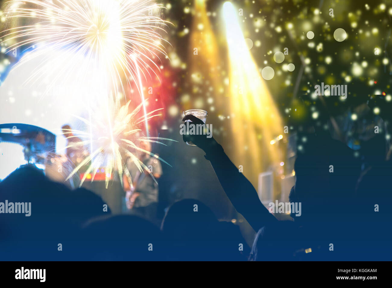 new Year concept - cheering crowd and fireworks Stock Photo - Alamy