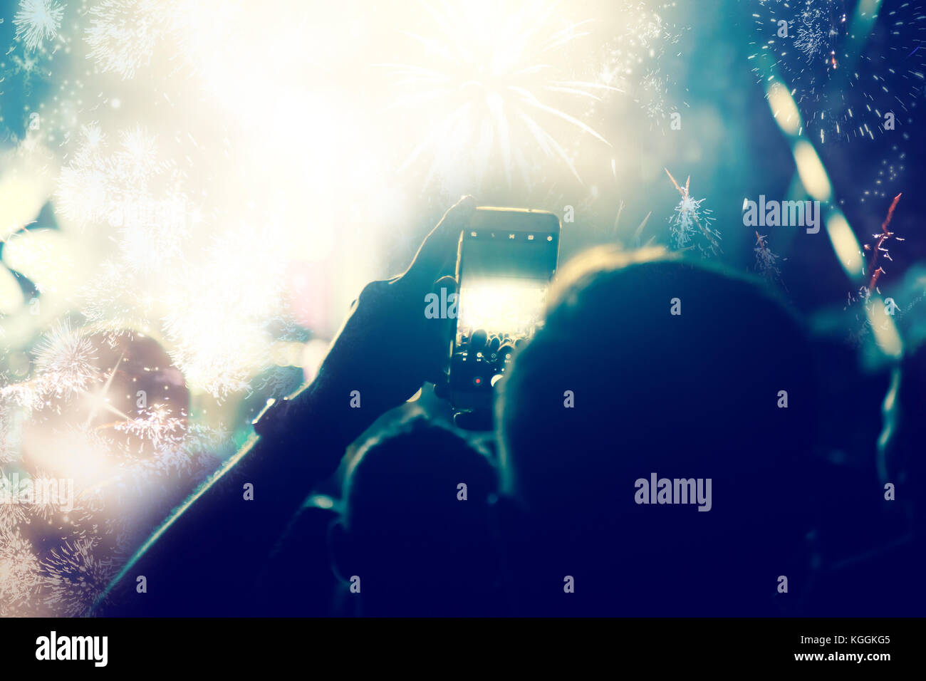 new Year concept - cheering crowd and fireworks Stock Photo - Alamy