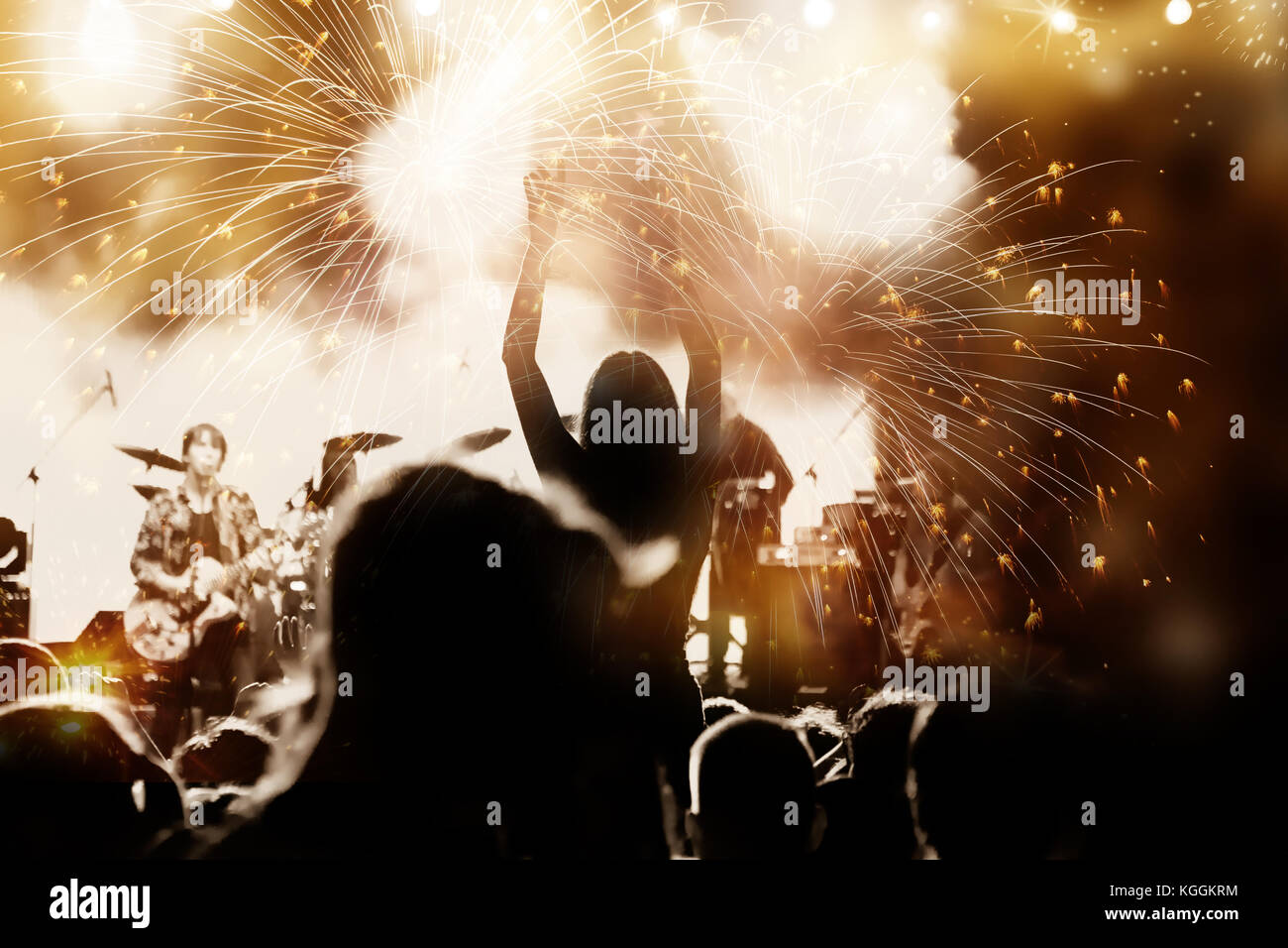 new Year concept - cheering crowd and fireworks Stock Photo - Alamy