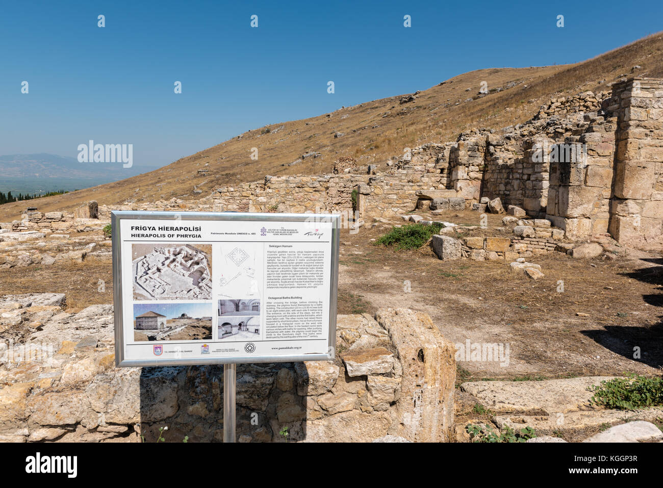 Sign about Octagonal bath Buildings at Hierapolis, Pamukkale, Turkey ...