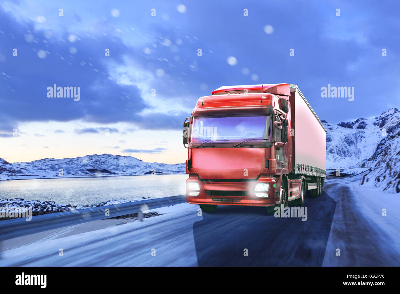Driver view from the cockpit of a truck on the wintry road, symbolic ...