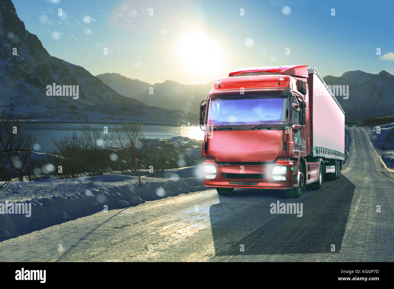 Driver view from the cockpit of a truck on the wintry road, symbolic ...