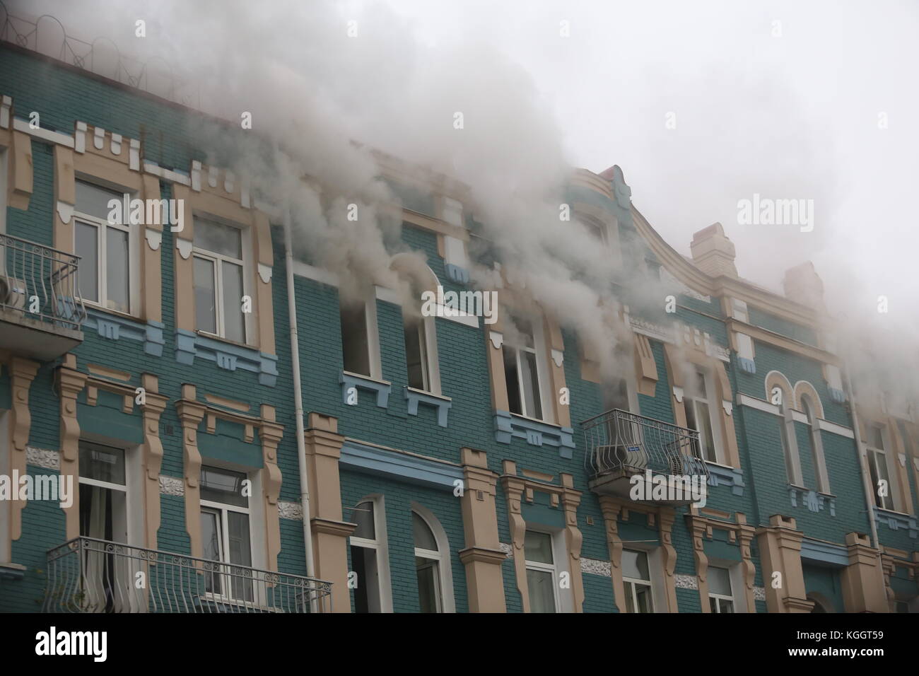 Fire in a historic city-center building. Fire in the office center ...